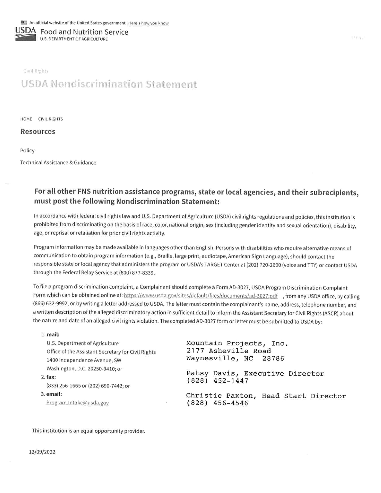 USDA Nondiscrimination Statement - Mountain Projects USDA Nondiscrimination Statement - Mountain Projects